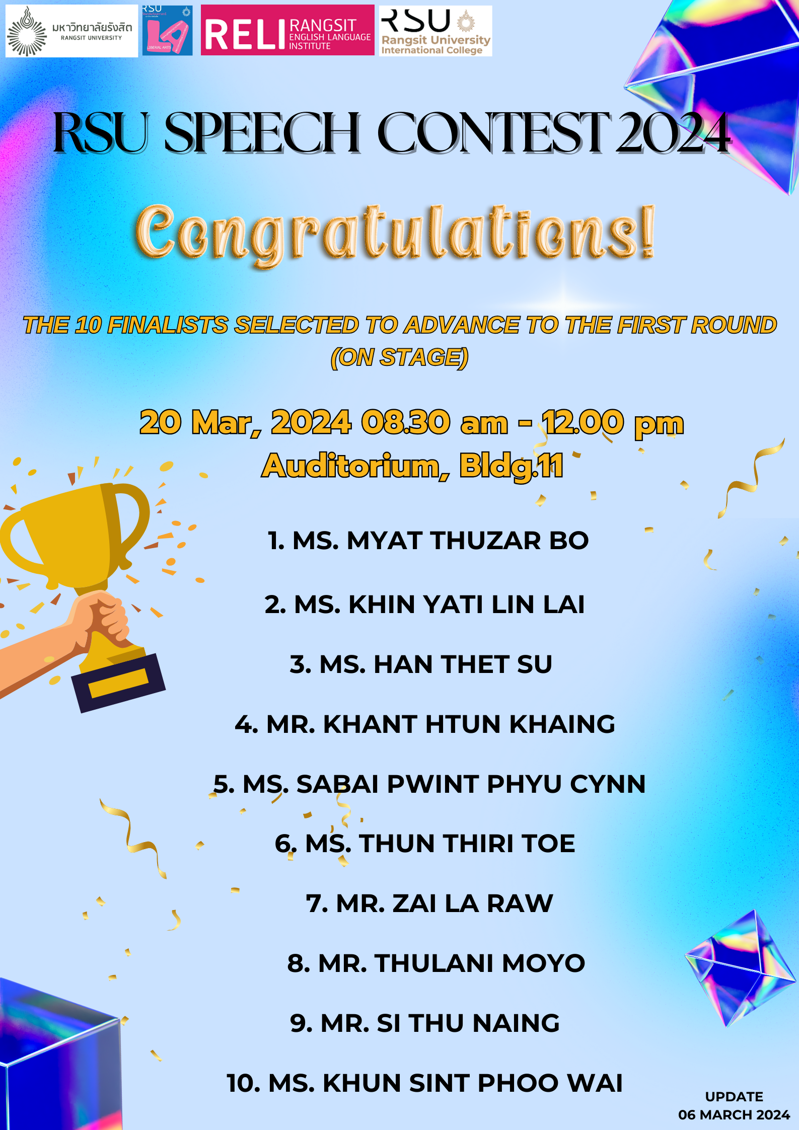 Updating the list of the final 10 contestants in the RSU SPEECH CONTEST ...
